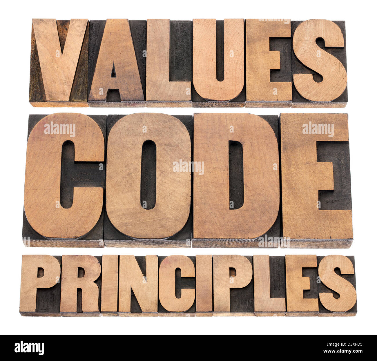values, code, principles words - a collage of isolated text in vintage ...