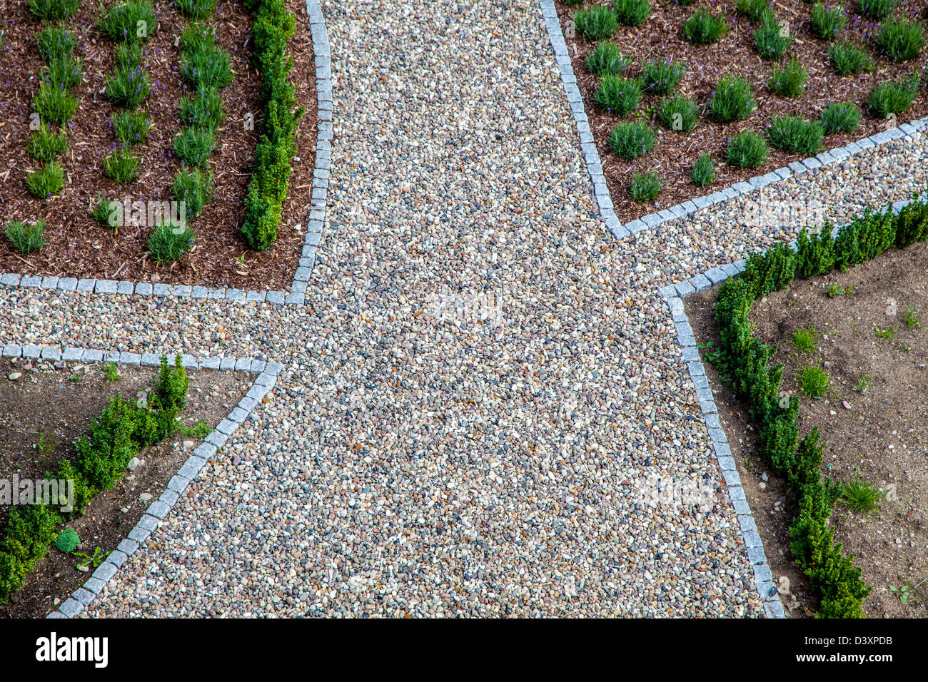 Crossroad, path with pebbles, in a garden Stock Photo - Alamy