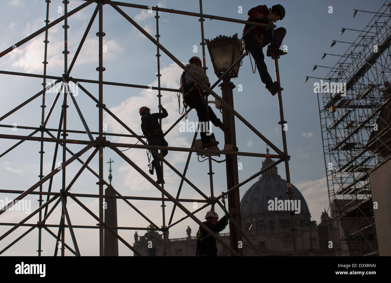 Rome, Italy. 26th February 2013. Workers construct scaffolding in Rome ...