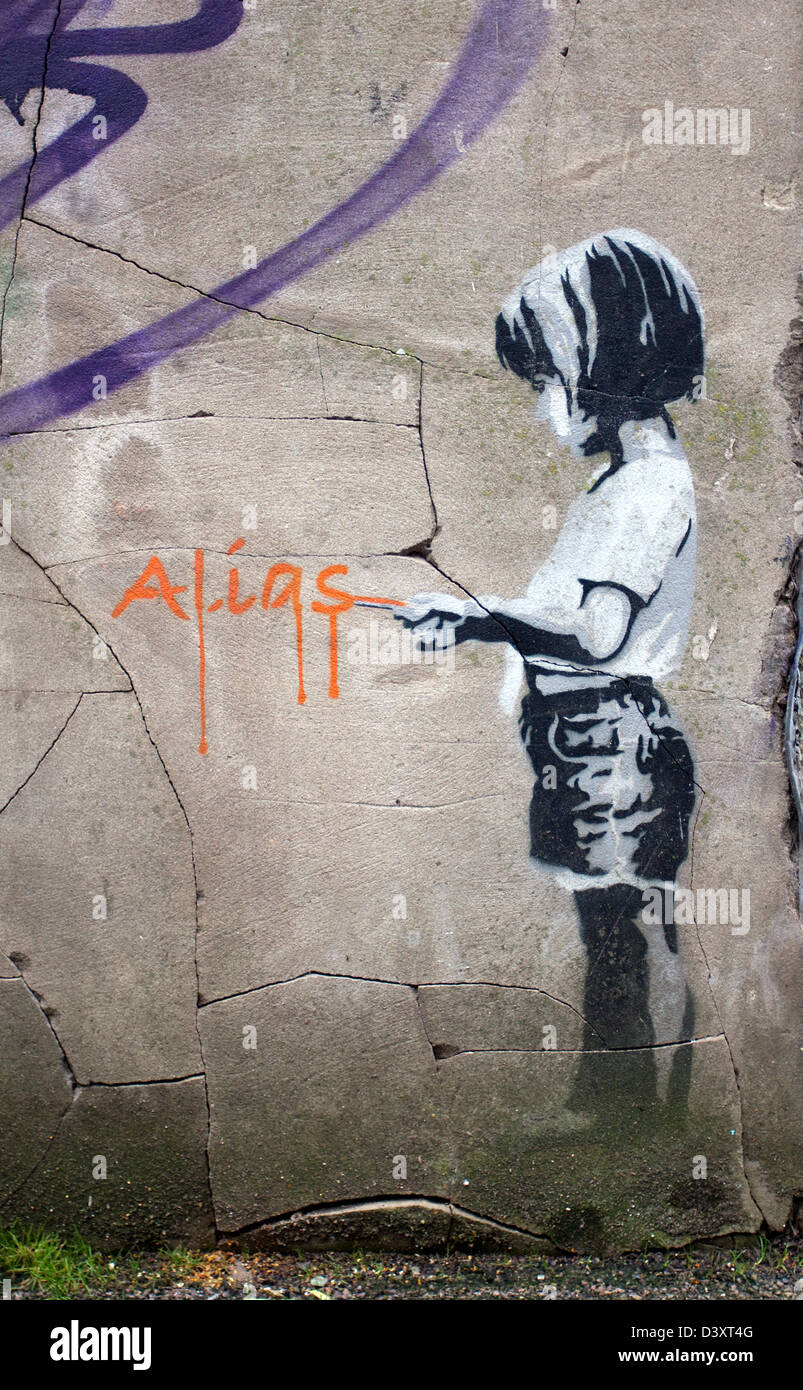 Stencilled streetart graffitti by German street artist Alias of a young ...