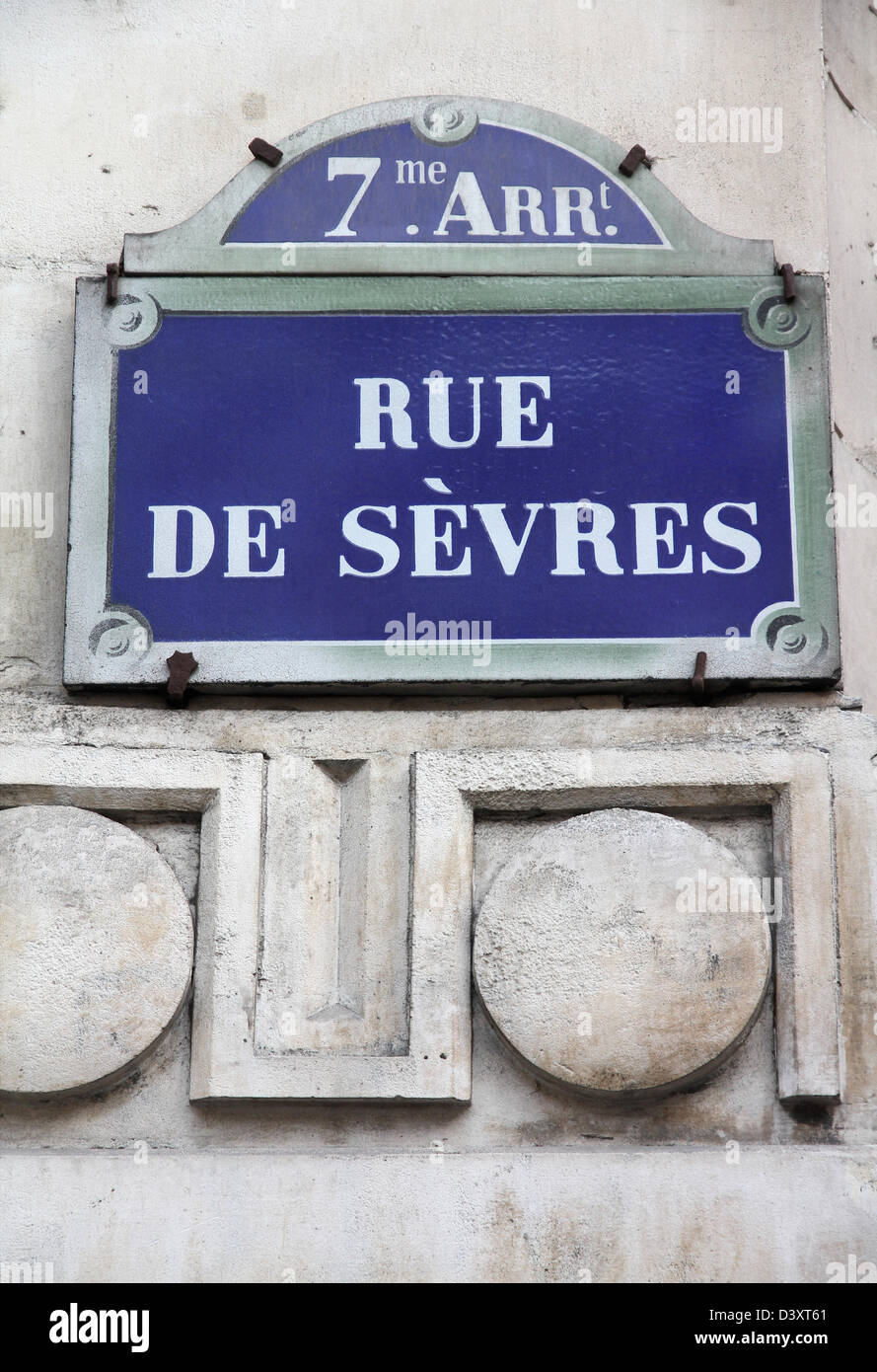 Paris, France - Rue de Sevres street sign. Typical Parisienne blue sign ...