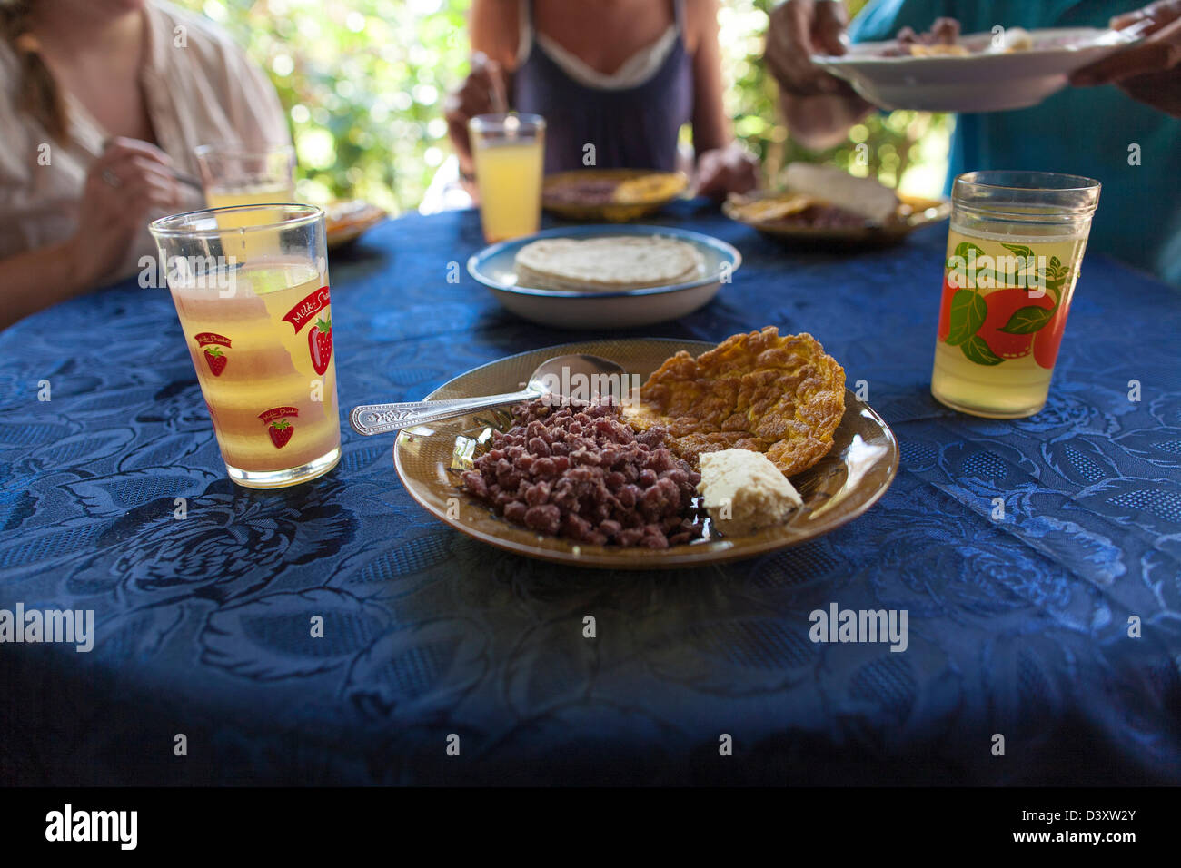 A traditional rural nicaraguan lunch of cheese, frijoles, eggs and ...