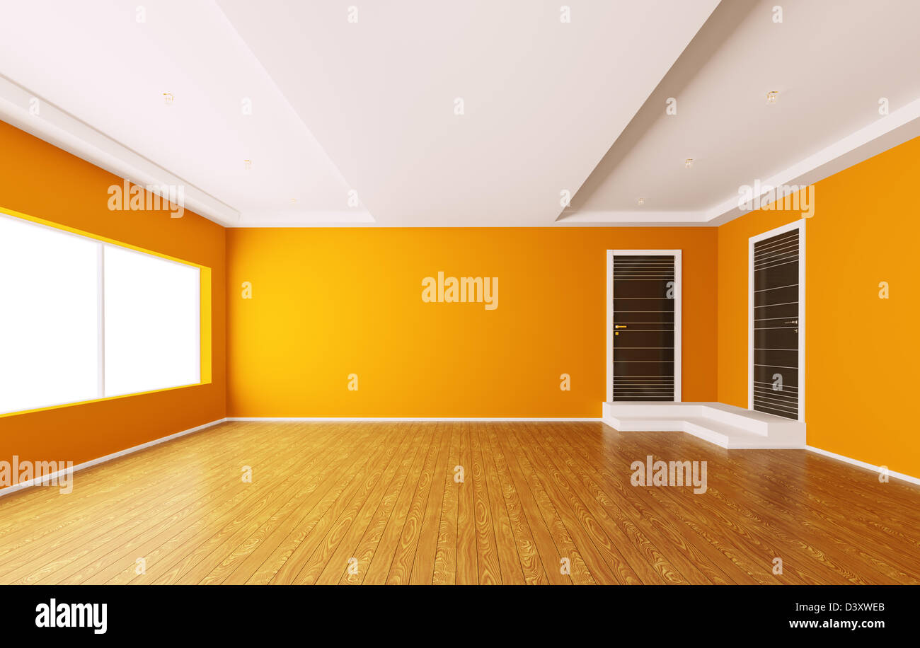 Interior of modern empty orange white room 3d render Stock Photo - Alamy