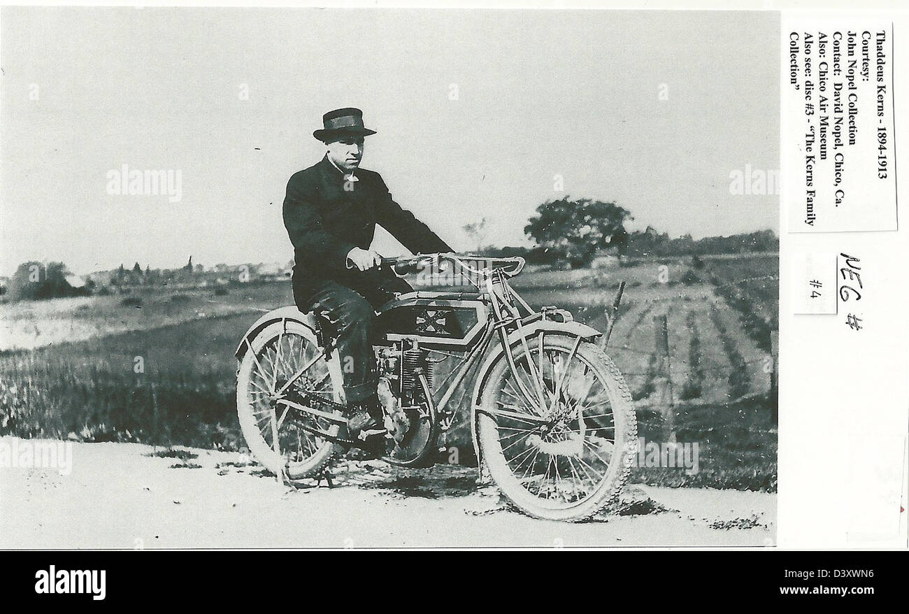 Thaddeus Kerns is depicted on an Excelsior Autocycle, an early 20th ...