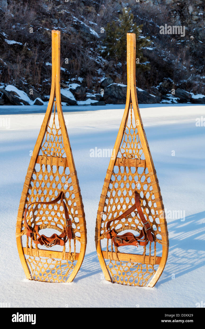 vintage wooden Huron snowshoes with leather binding in snow Stock Photo ...