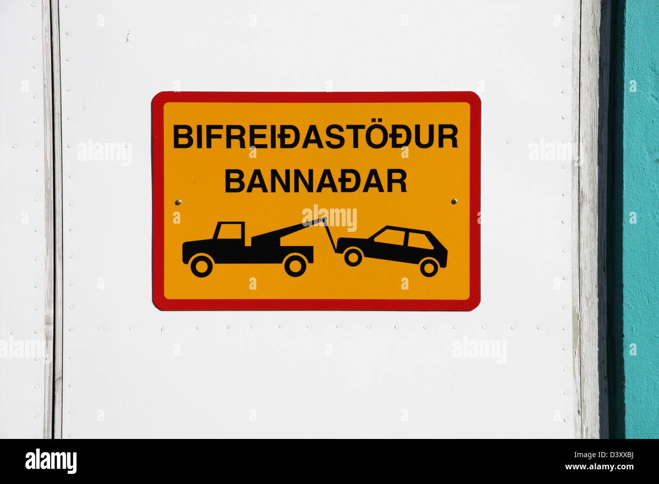 Icelandic language sign in Reykjavik, Iceland. PARKING FORBIDDEN Stock ...