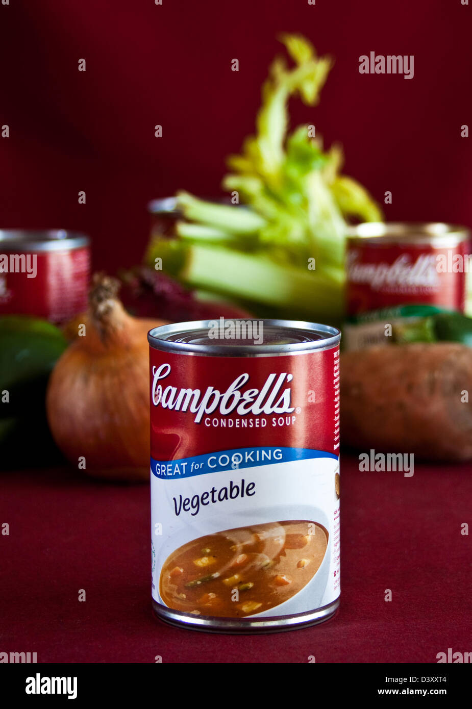 Can of condensed soup with vegetables in a kitchen setting Stock Photo ...