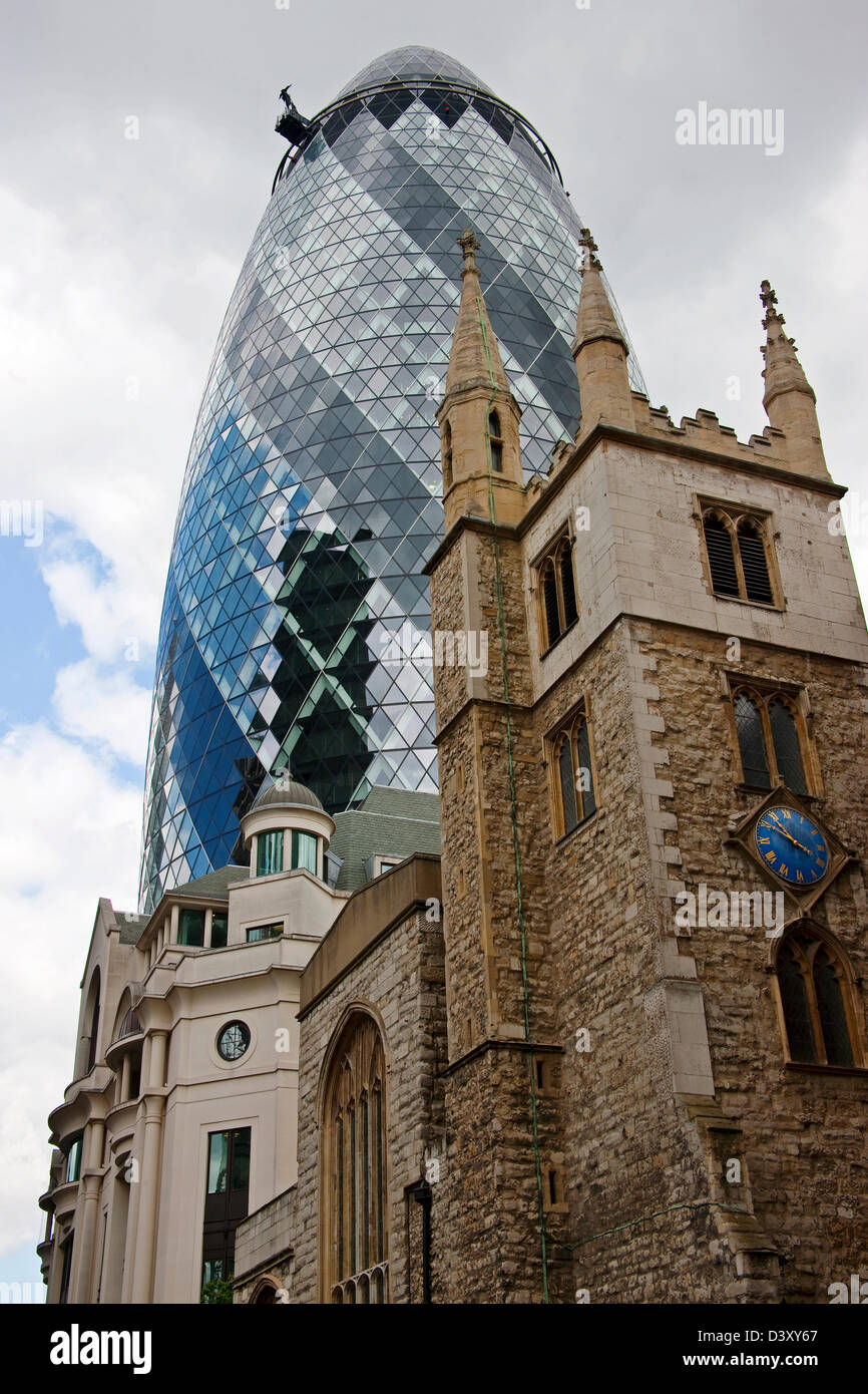 The Gherkin (The Swiss Re Building), and St Andrew Undershaft Church ...