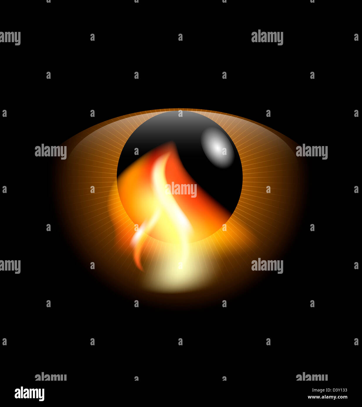 on an black background is a big abstract eye with reflection of flame ...