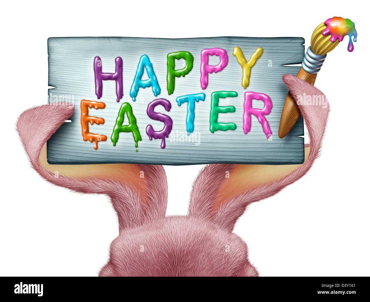 Happy Easter painted on a wood sign with a paint brush and being held ...