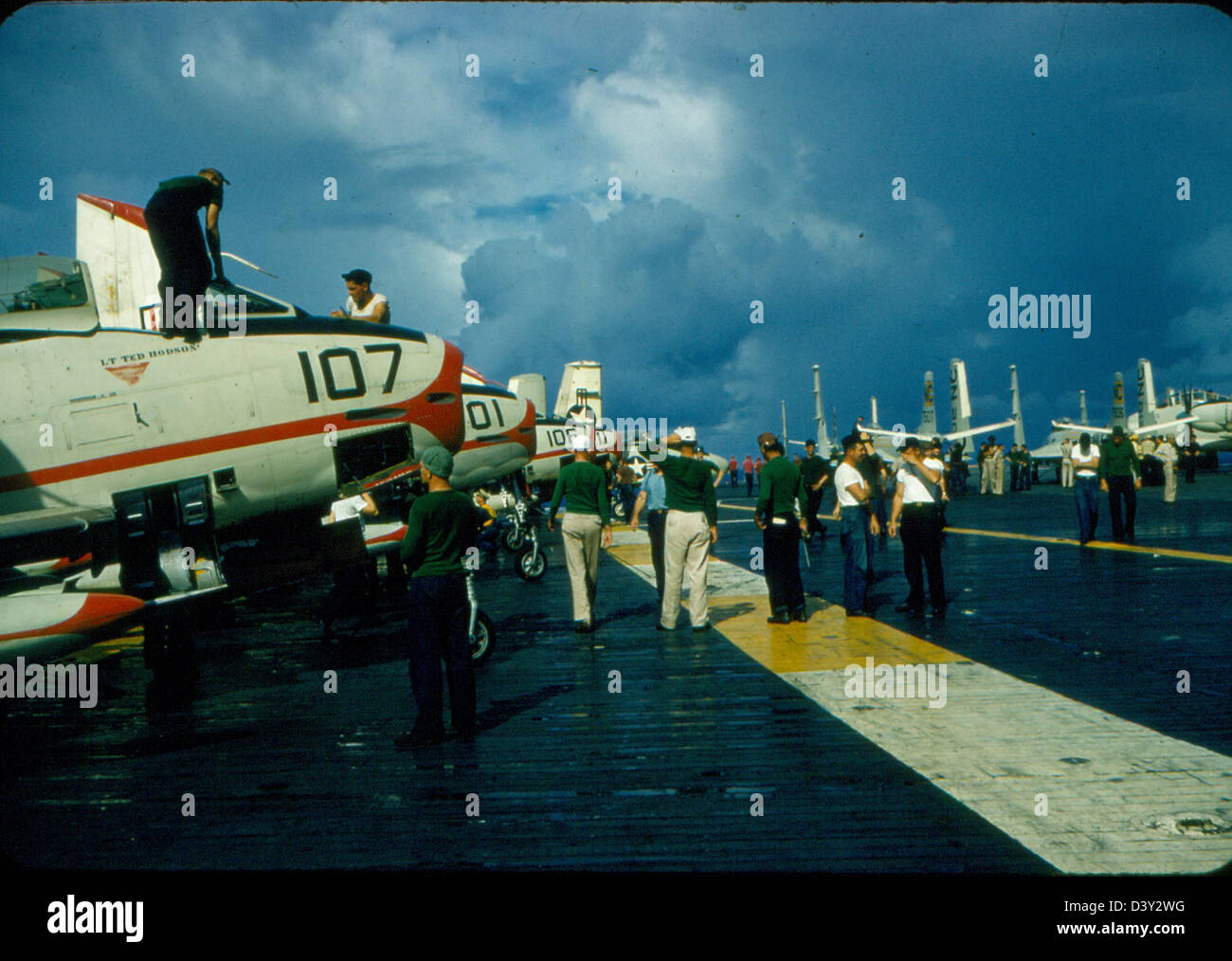 A historical photograph of the USS Kearsarge (CVA-33) featuring VF-53 ...