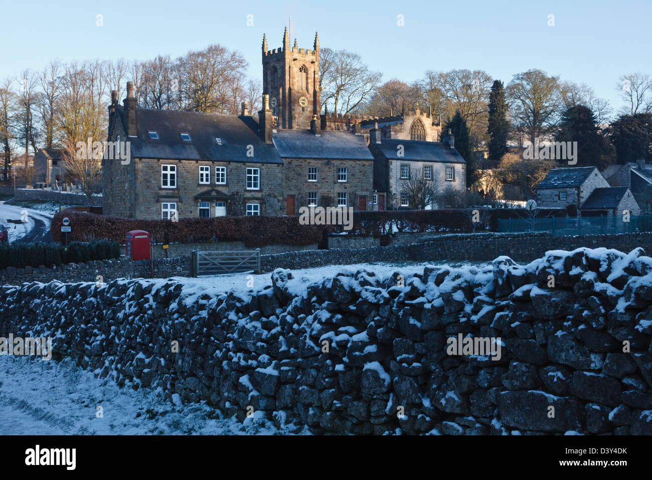 Hartington village and St Giles Church in winter, Peak District ...