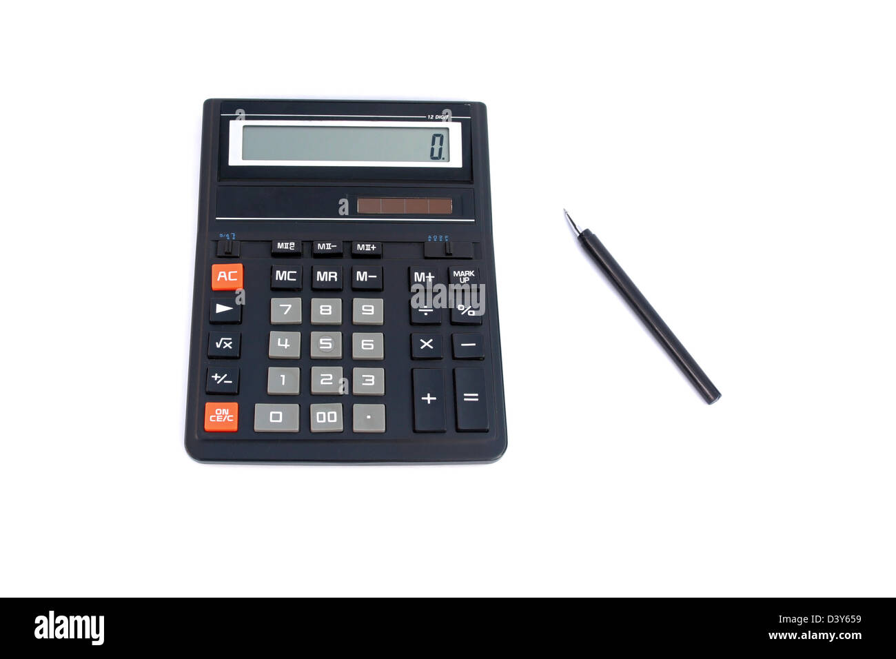 Isolated office calculator and pen Stock Photo - Alamy