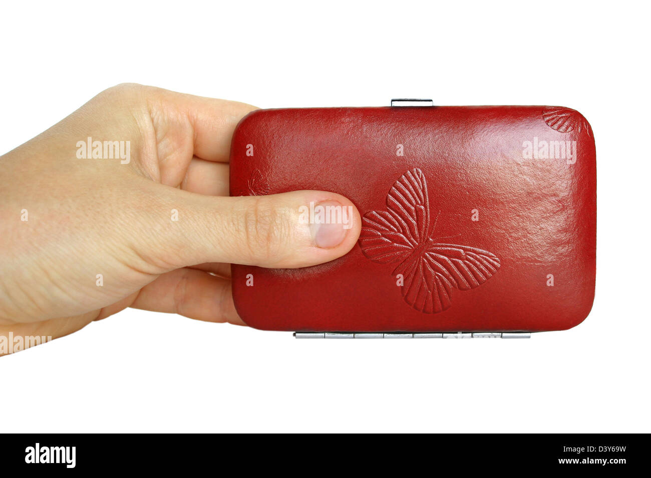 Hand with red case isolated Stock Photo - Alamy