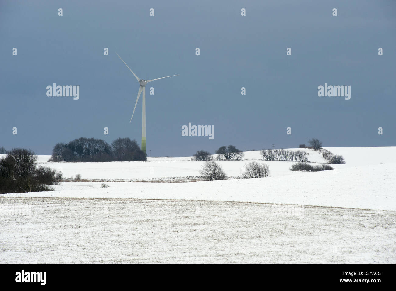 Wind power station on windy winter fields in an open landscape Stock ...