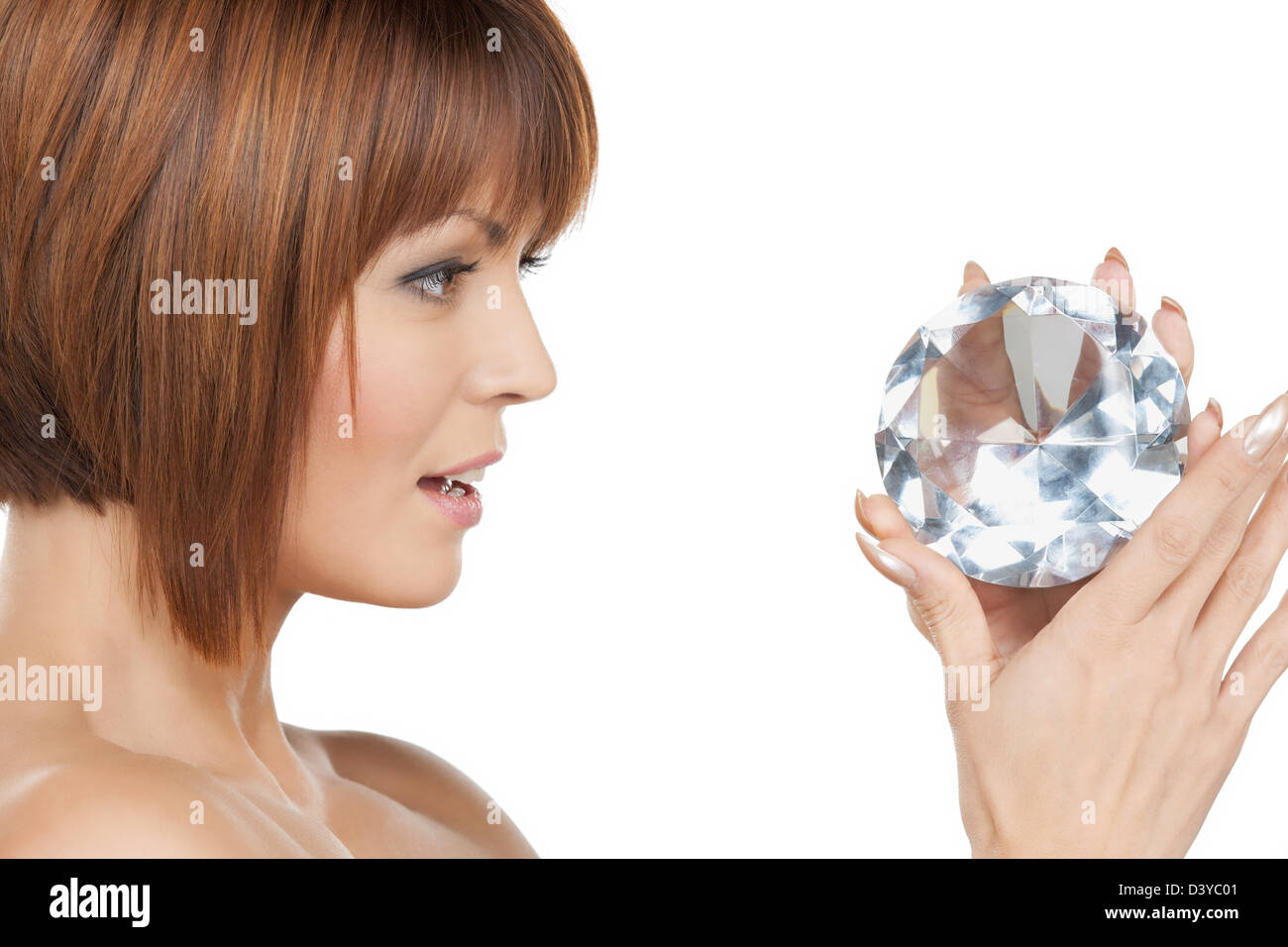 face and hands of beautiful woman with diamond Stock Photo - Alamy