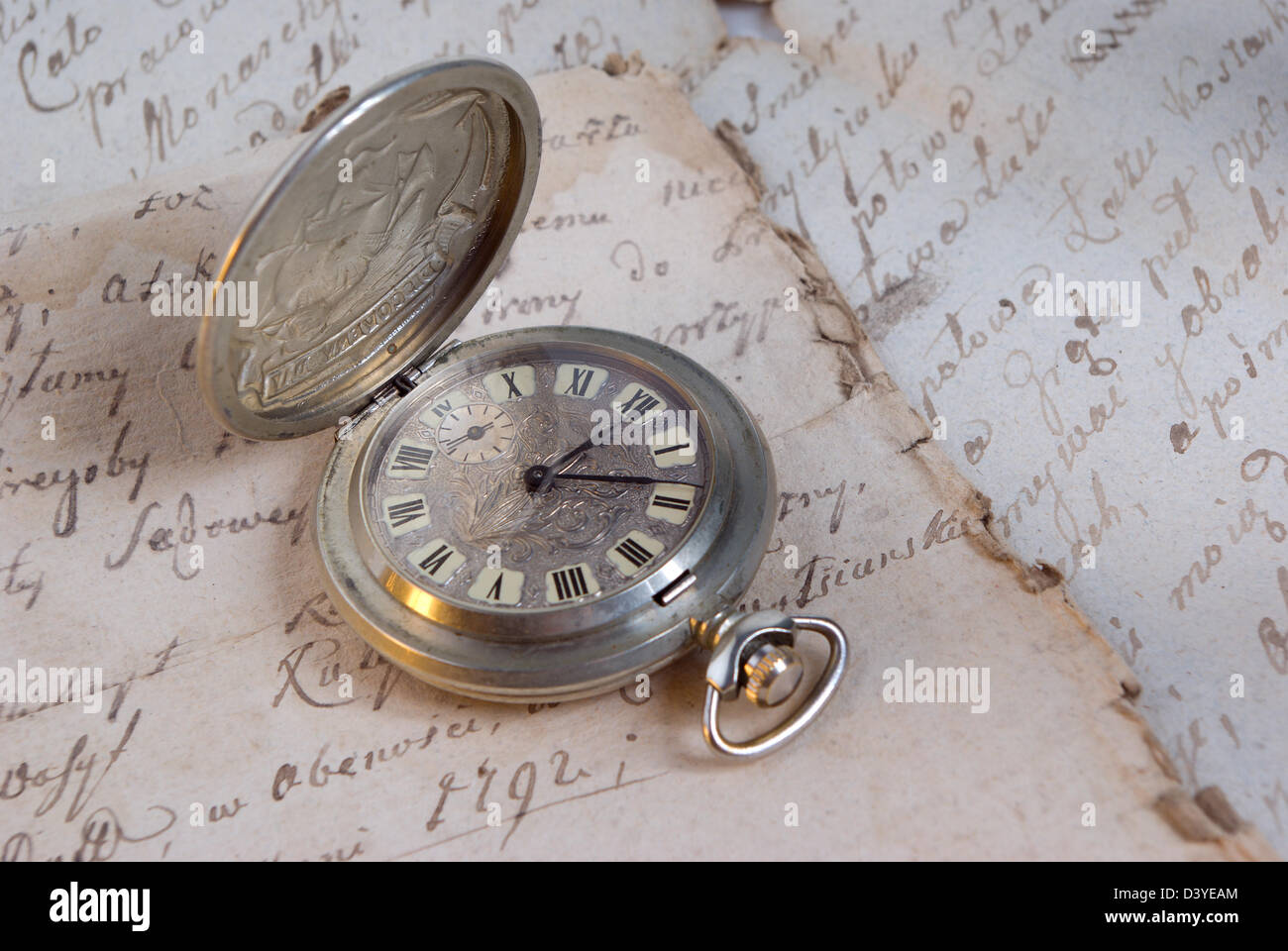 Old-time watch,current of time,handwritten documents,history Stock ...