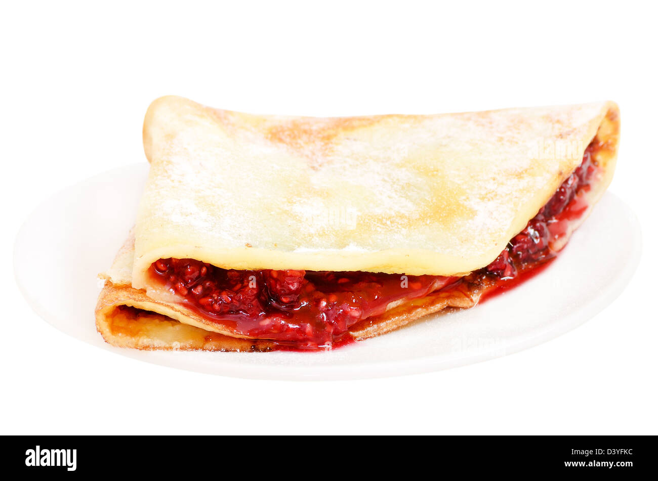 Pancake with raspberry jam on a plate isolated on white background ...