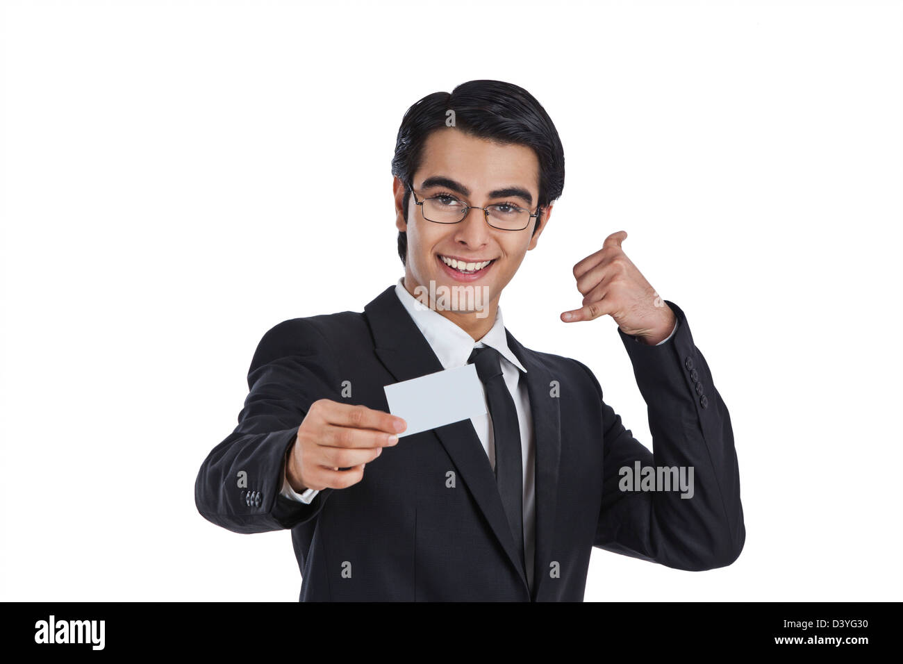 Businessman showing a blank business card and gesturing call me Stock ...