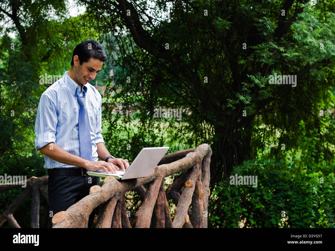 Businessman using a laptop in a park Stock Photo - Alamy