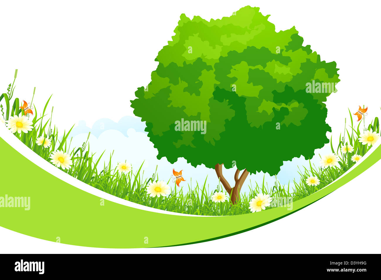 Green Landscape with Tree, Grass, Flowers and Clouds isolated on white ...