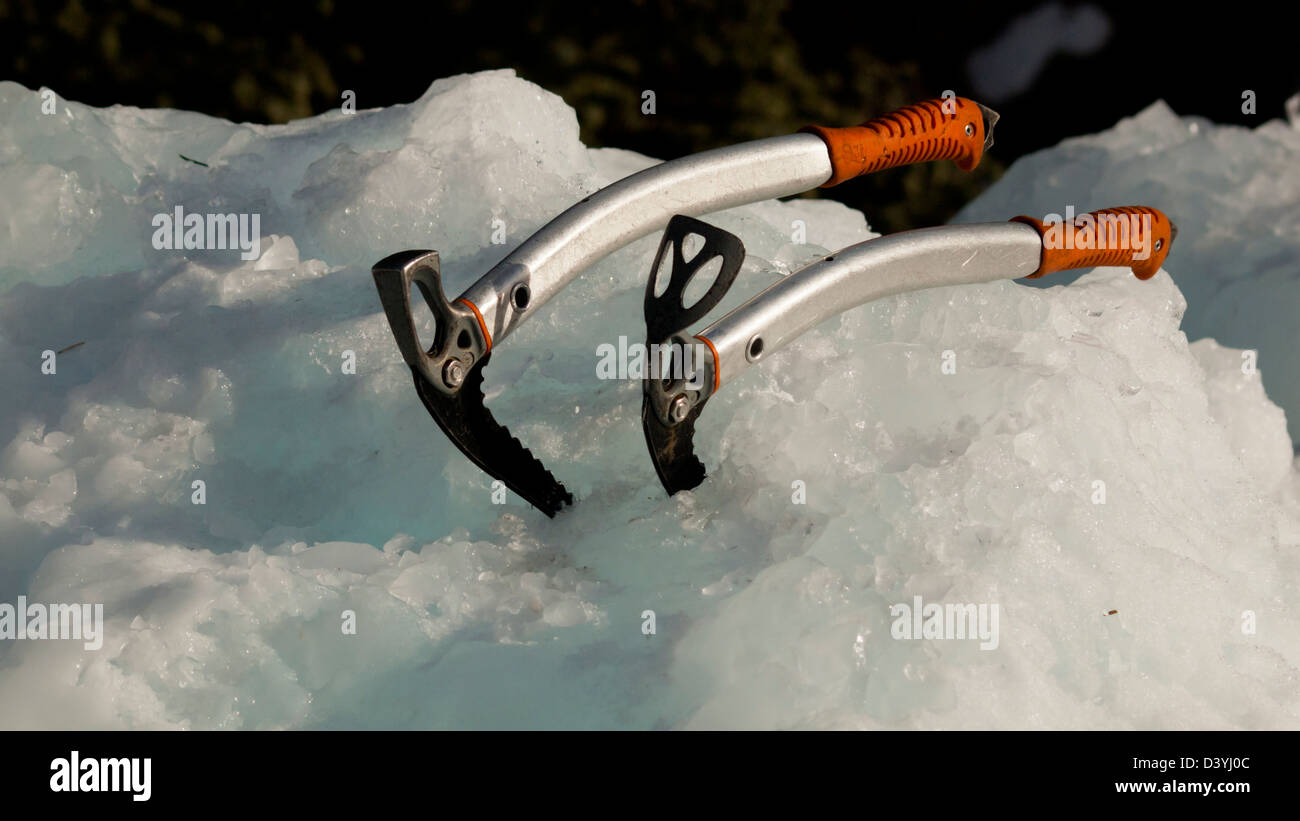 Ice climbing equipment on snow Stock Photo - Alamy