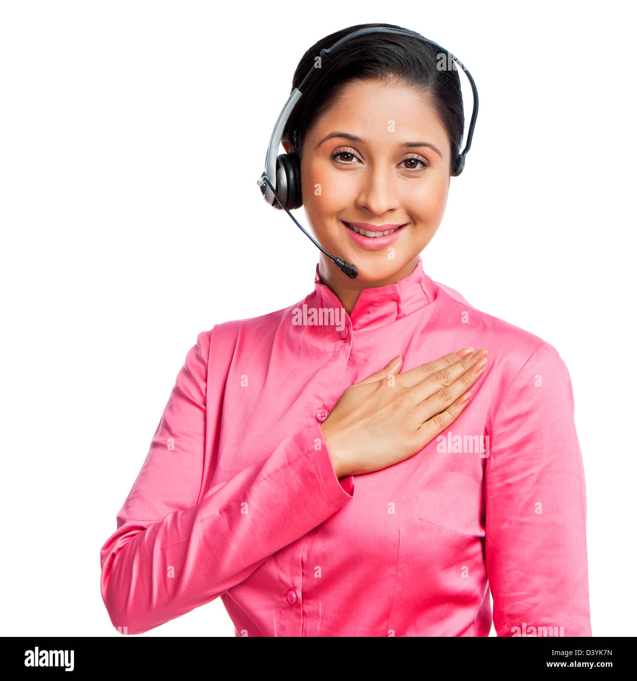 Portrait of a female customer service representative with his hand on ...