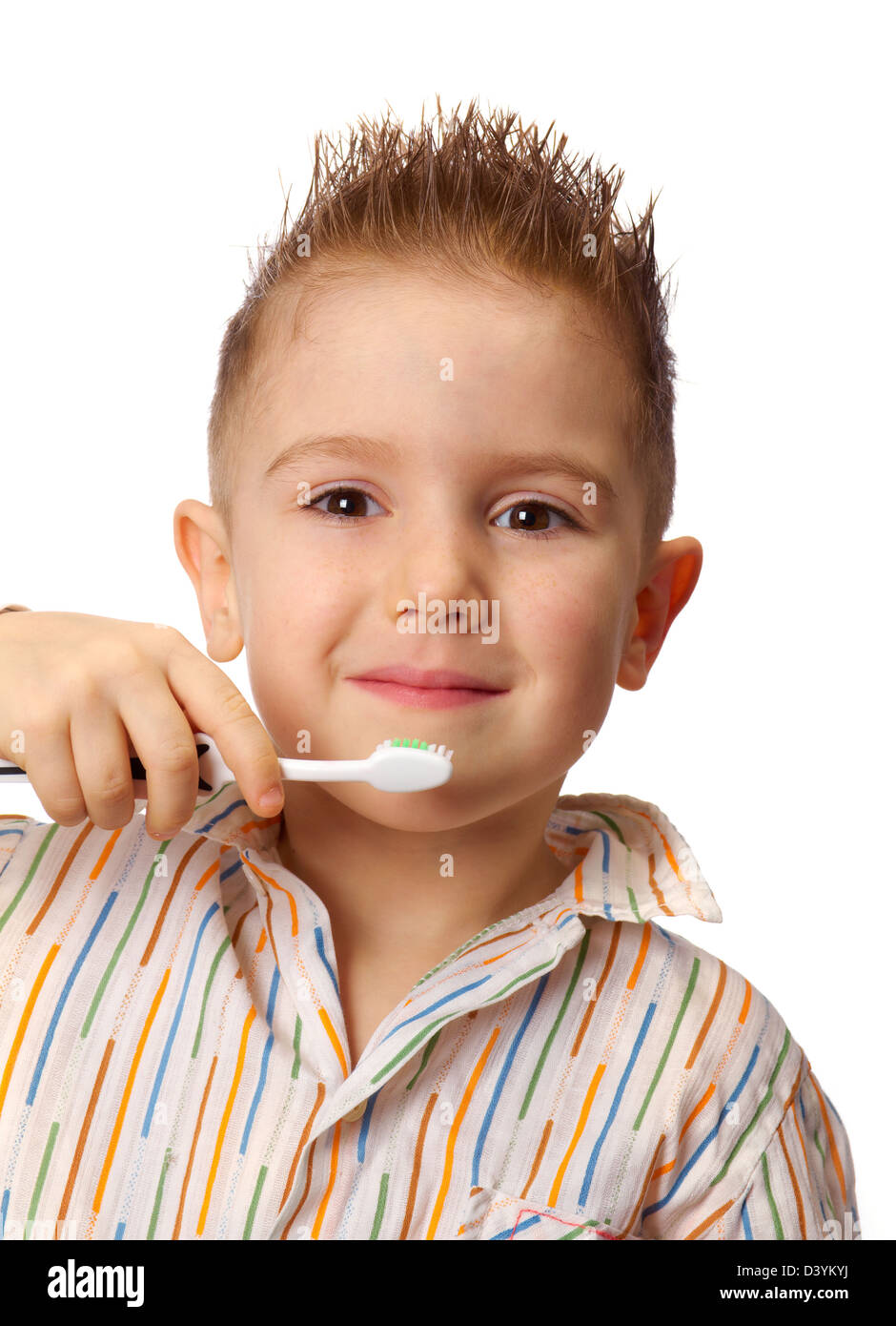Little child with dental toothbrush brushing teeth.isolated on a white ...