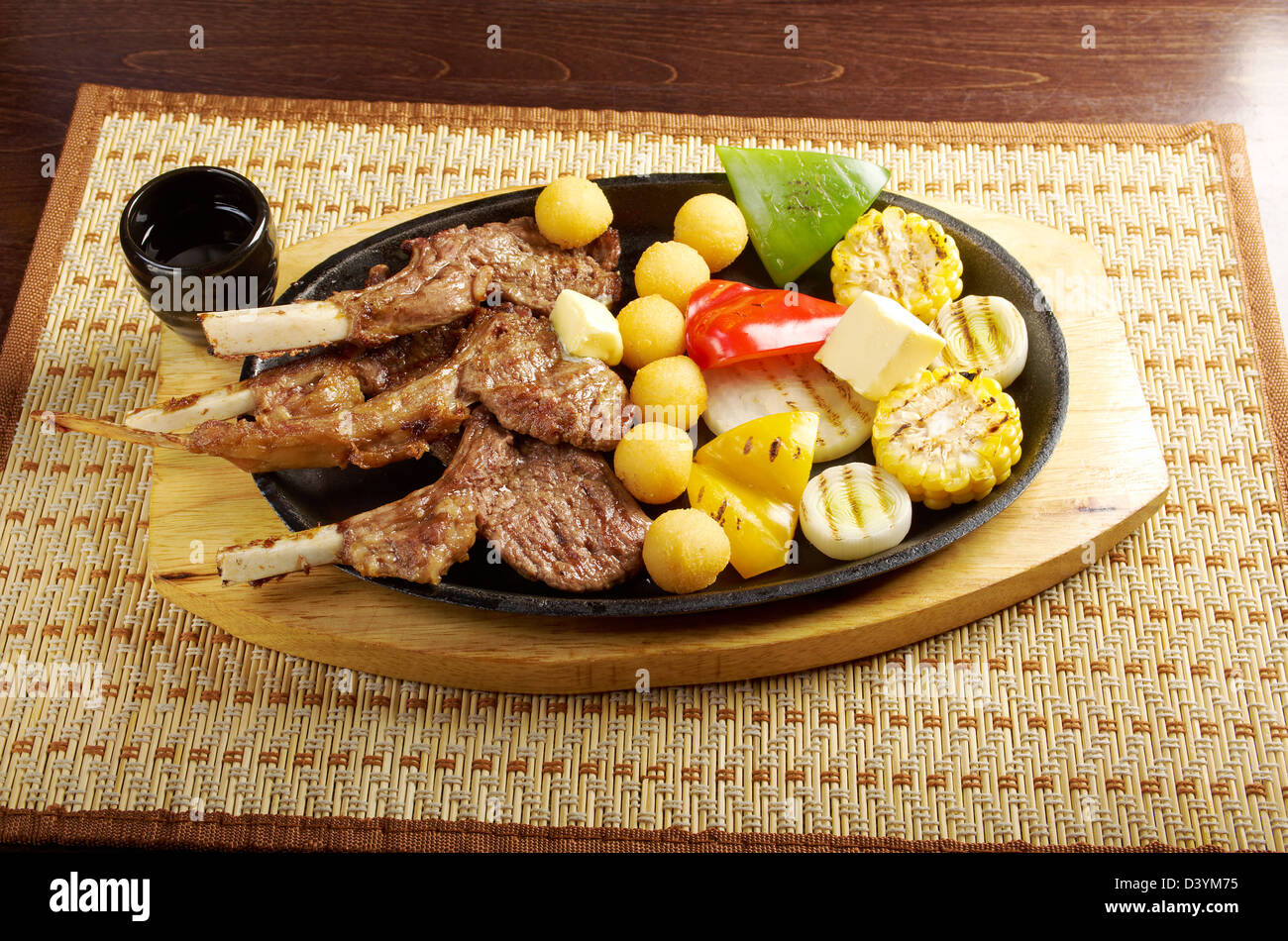 Japanese cuisine .Japanese spare ribs on a plate .meat lamb on rib ...