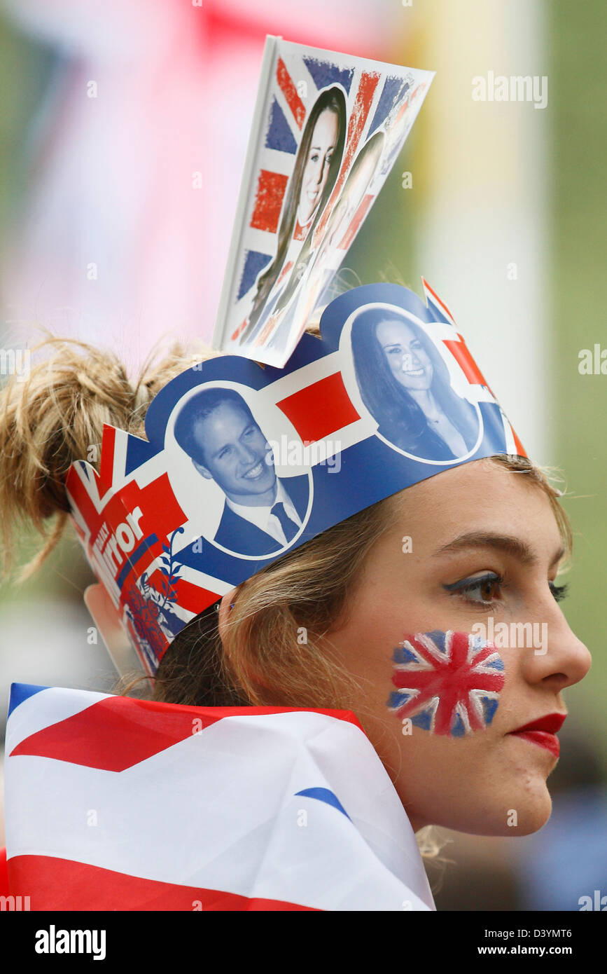 A girl dressed in Union Jack flags on The Mall on the Day of the Royal ...