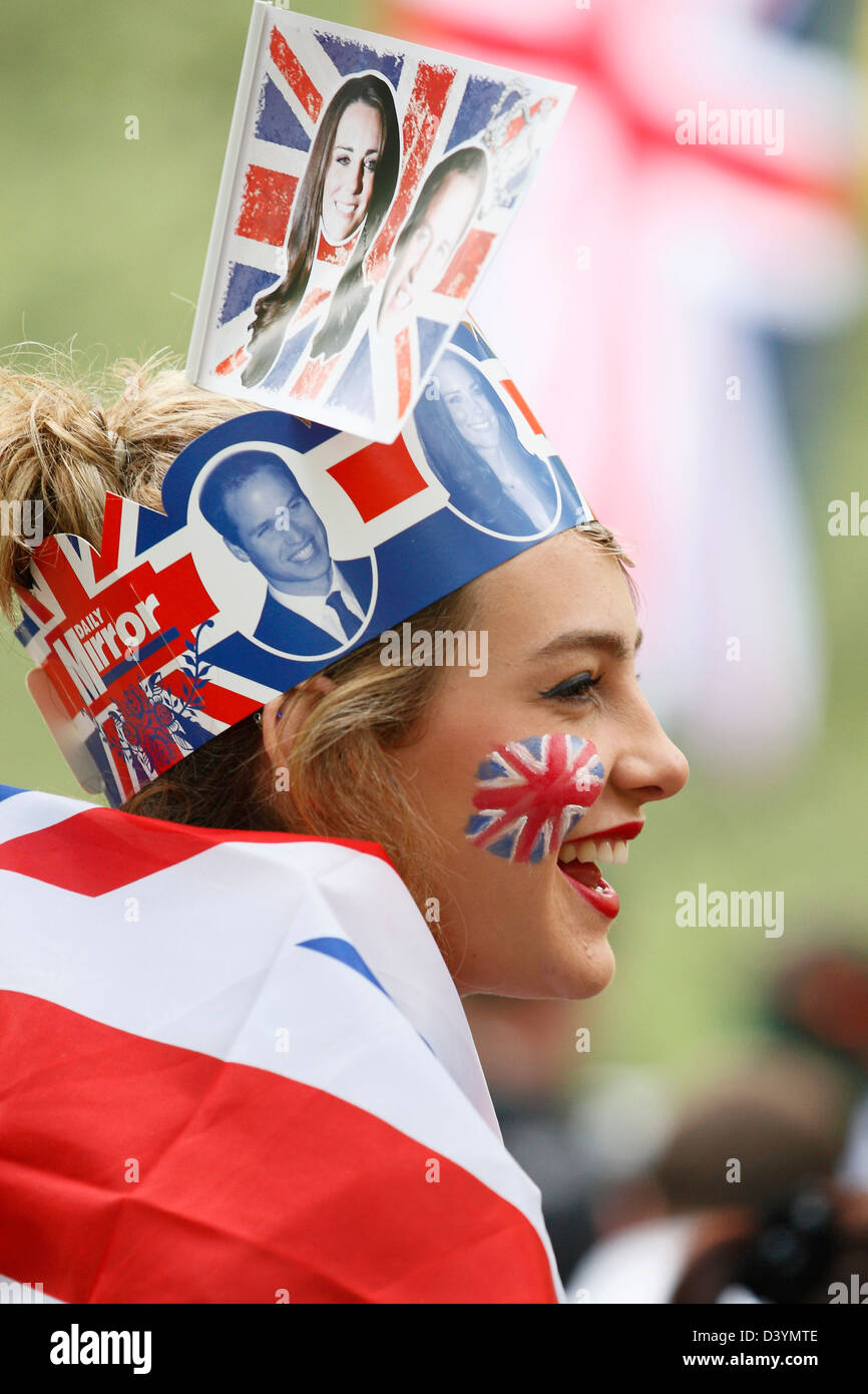 A girl dressed in Union Jack flags on The Mall on the Day of the Royal ...