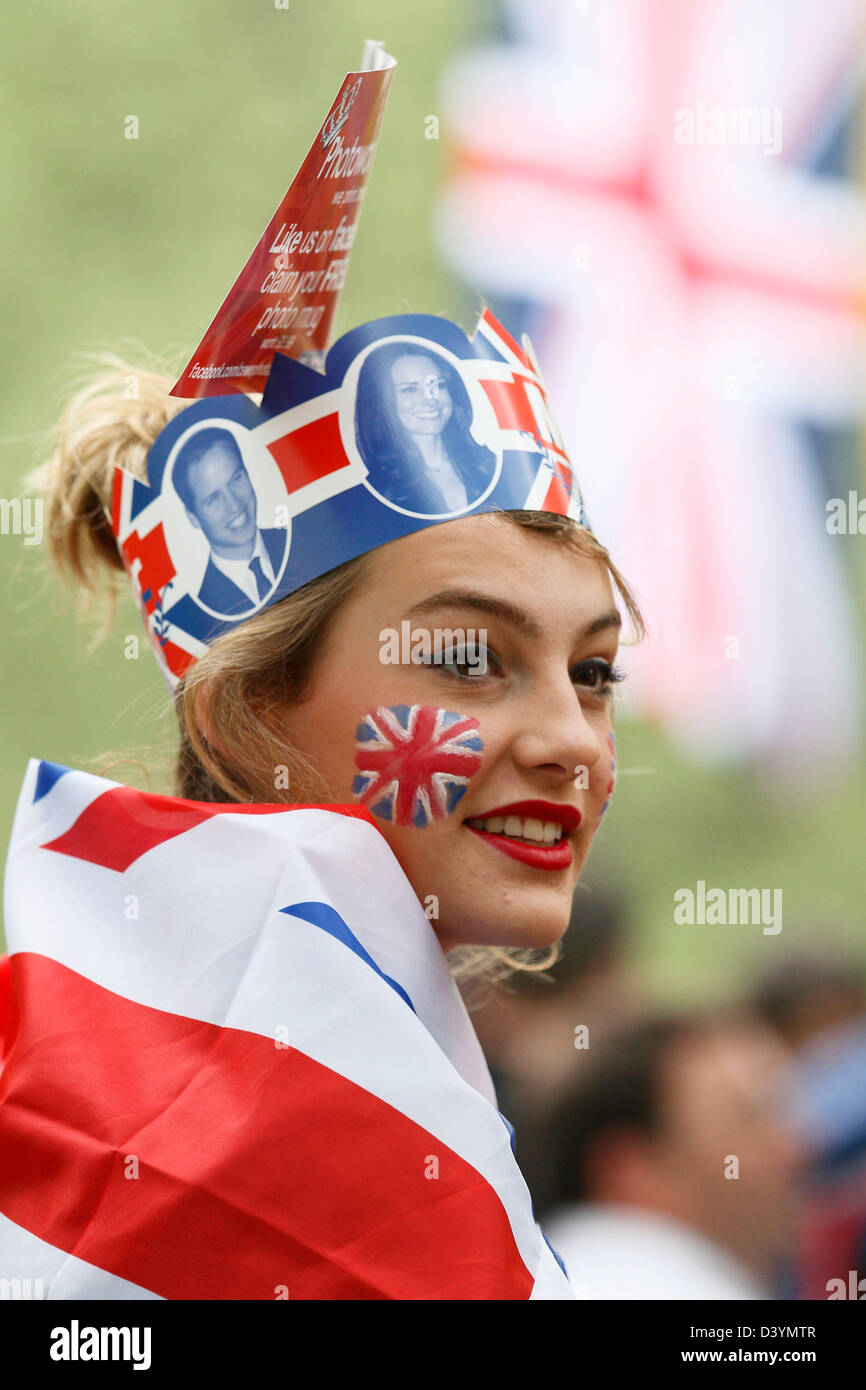 A girl dressed in Union Jack flags on The Mall on the Day of the Royal ...