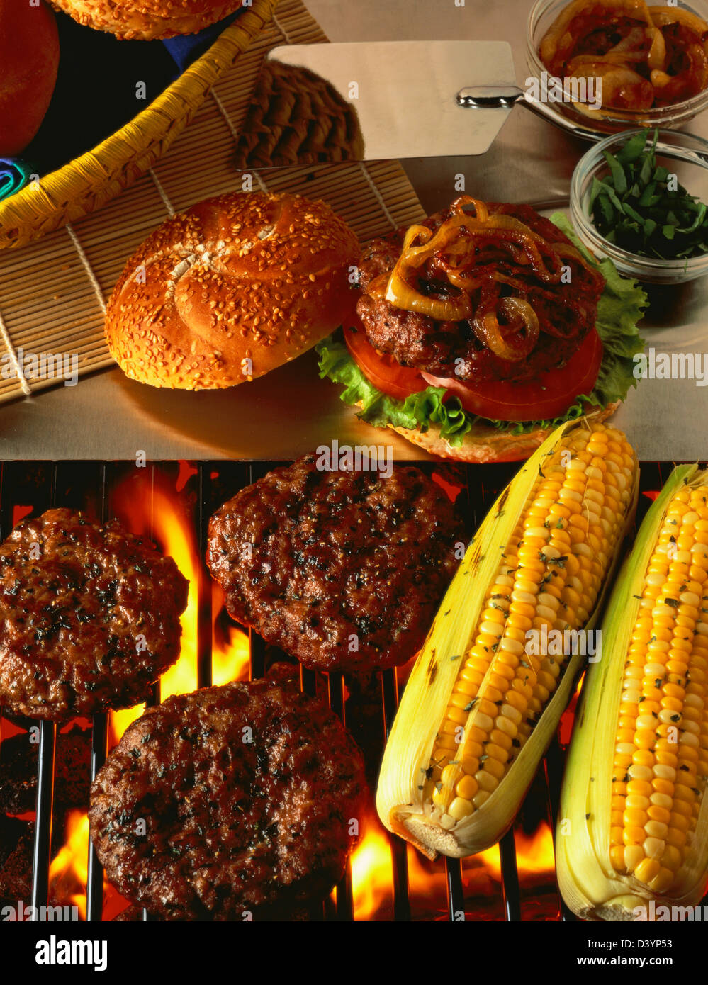 Hamburger Patties and Corn on Barbeque Grill Stock Photo - Alamy