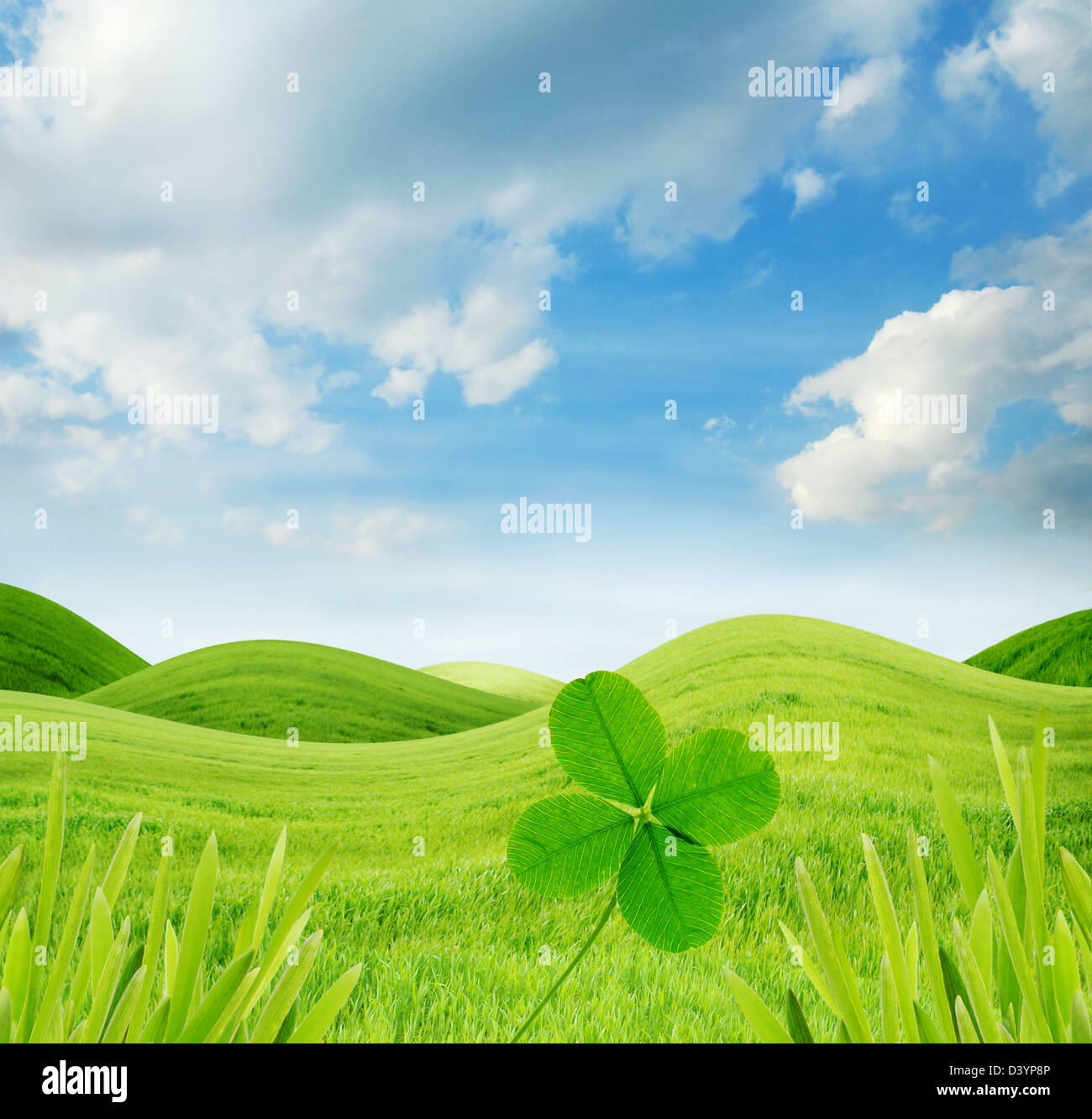 Idyllic spring landscape with four leaf clover Stock Photo - Alamy