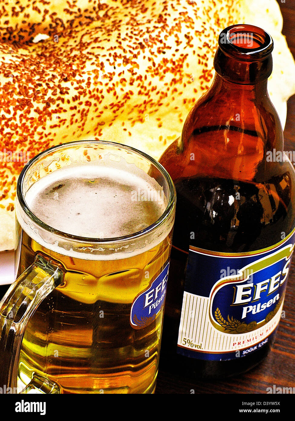 Turkish Efes Pilsen Beer and Pitta Bread, Istanbul, Turkey Stock Photo ...