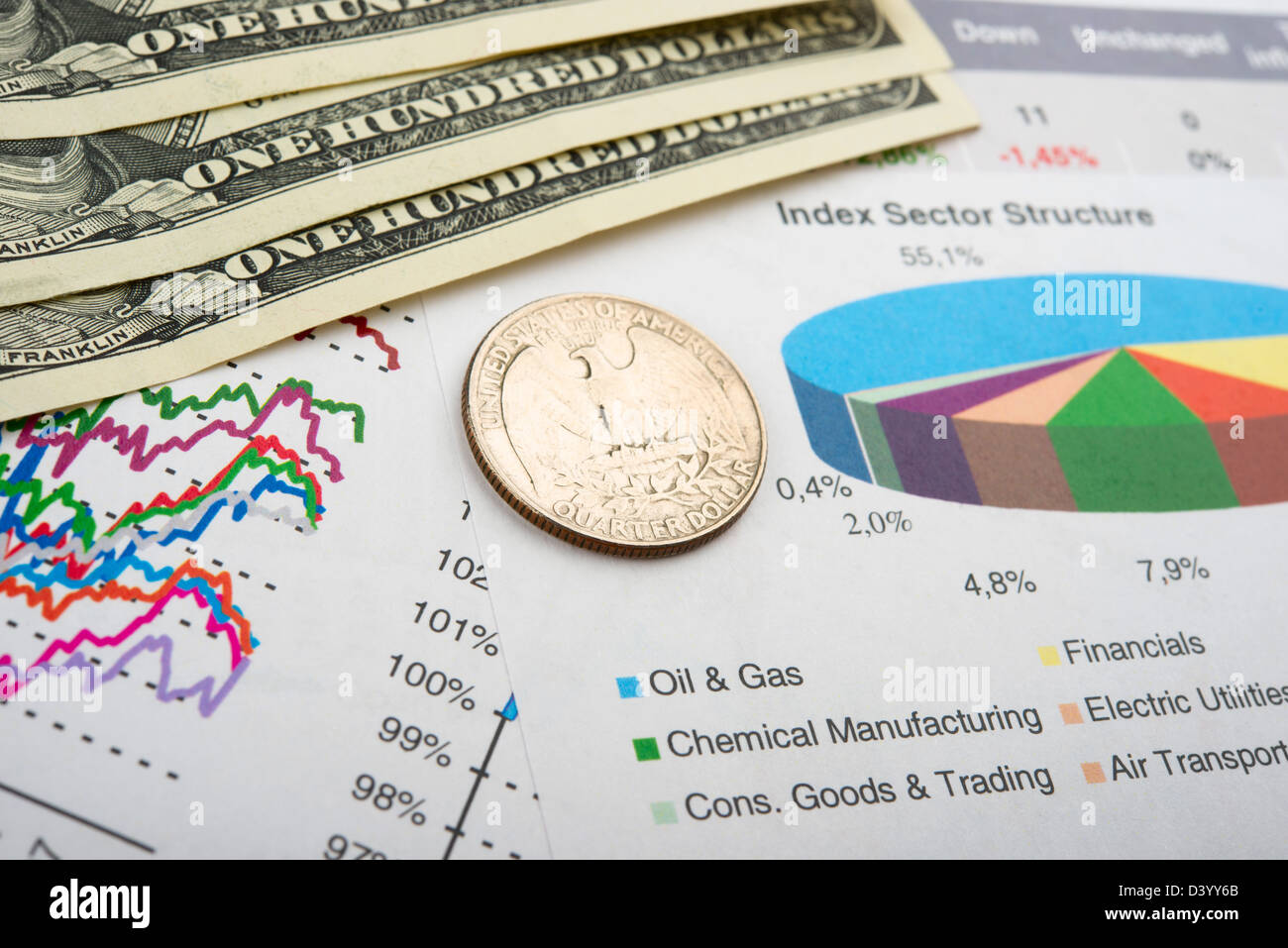 Finance chart with money and coin Stock Photo - Alamy