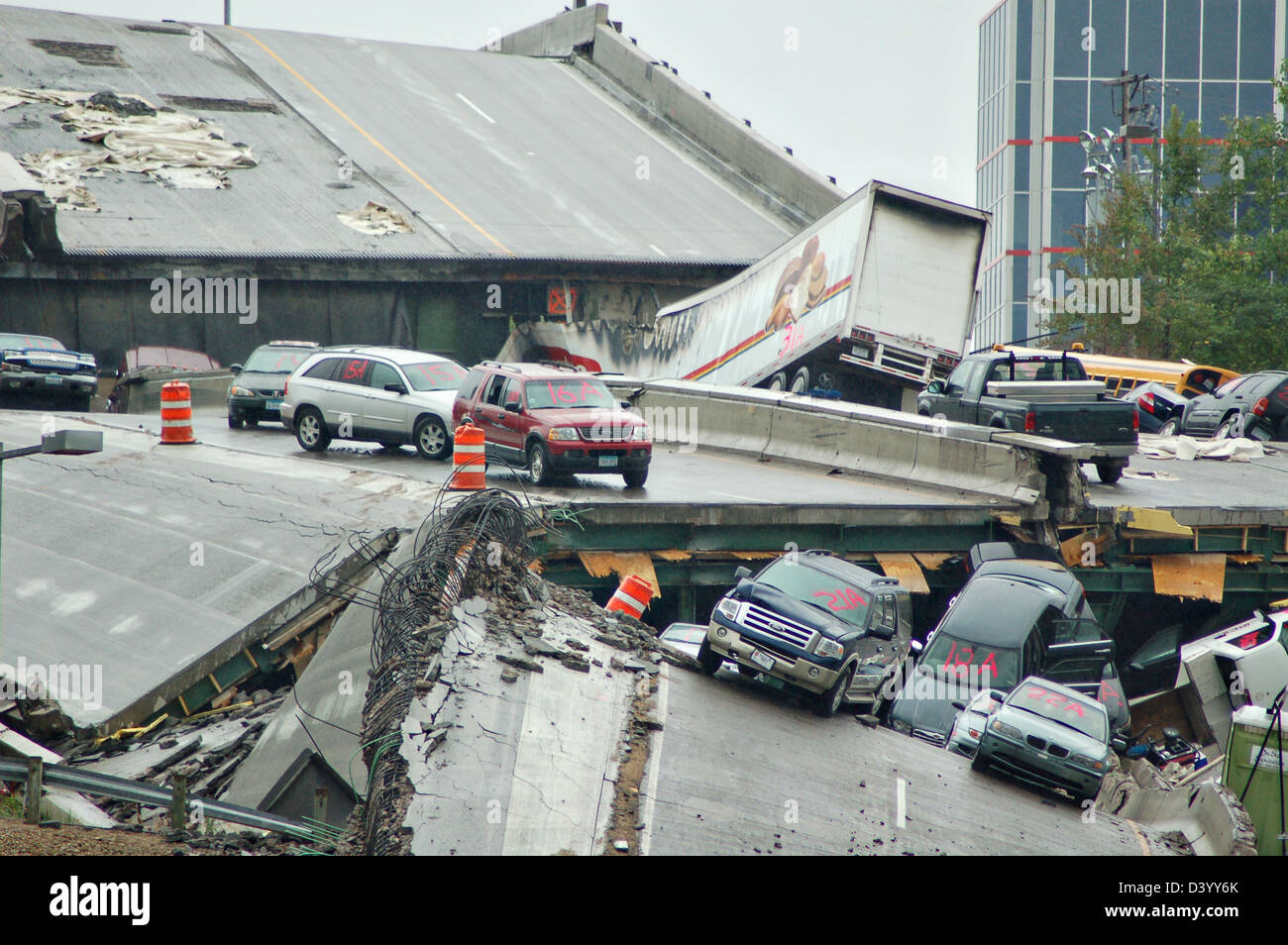 View of the remains of the I-35 bridge collapse August 4, 2007 in ...
