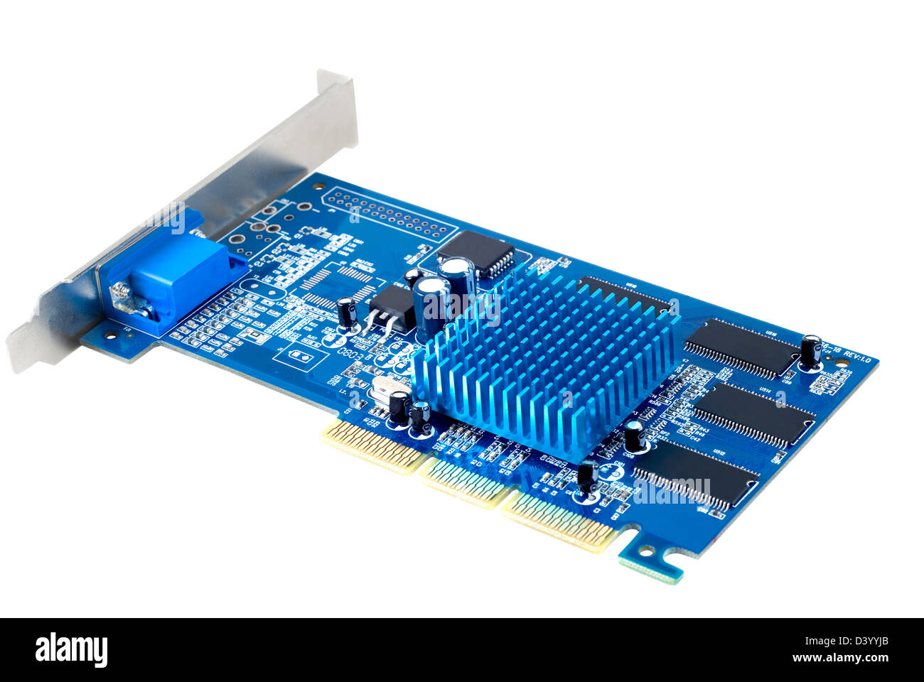 The graphic card of blue color is photographed on a white background ...