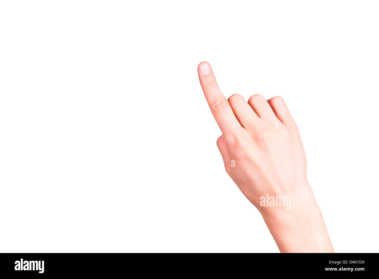Male hand with pointing finger showing something isolated on white ...