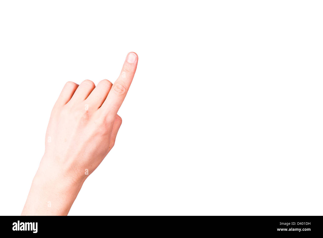 Male hand with pointing finger showing something isolated on white ...