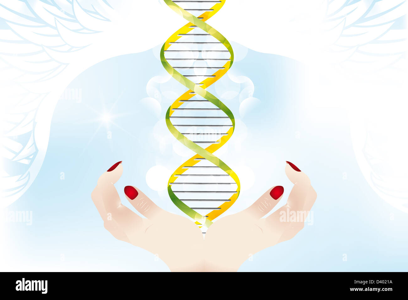 Hands creating DNA strand, protected by divine wings - illustration ...