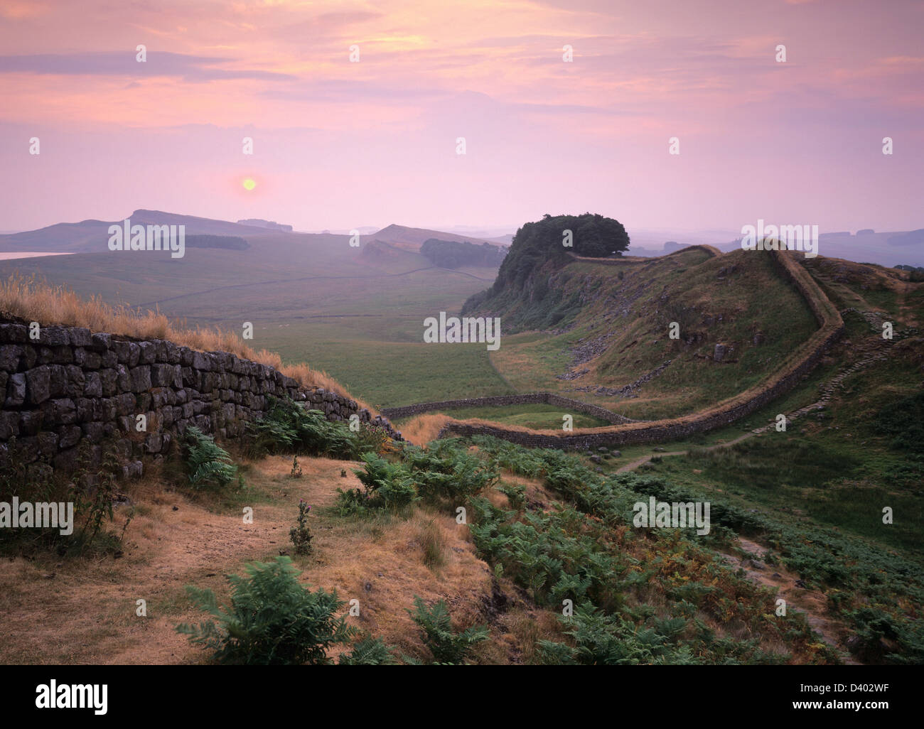 The Roman Wall at dawn looking towards the rising sun in the East near ...