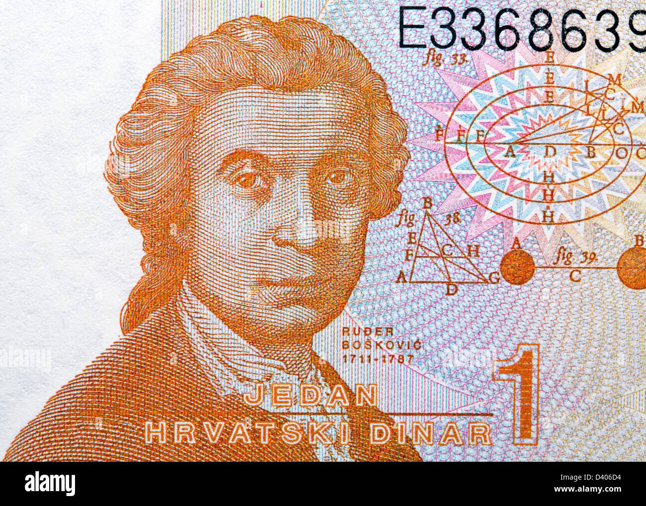 Portrait of Ruder Josip Boskovic from 1 Dinar, banknote, Croatia, 1991 ...