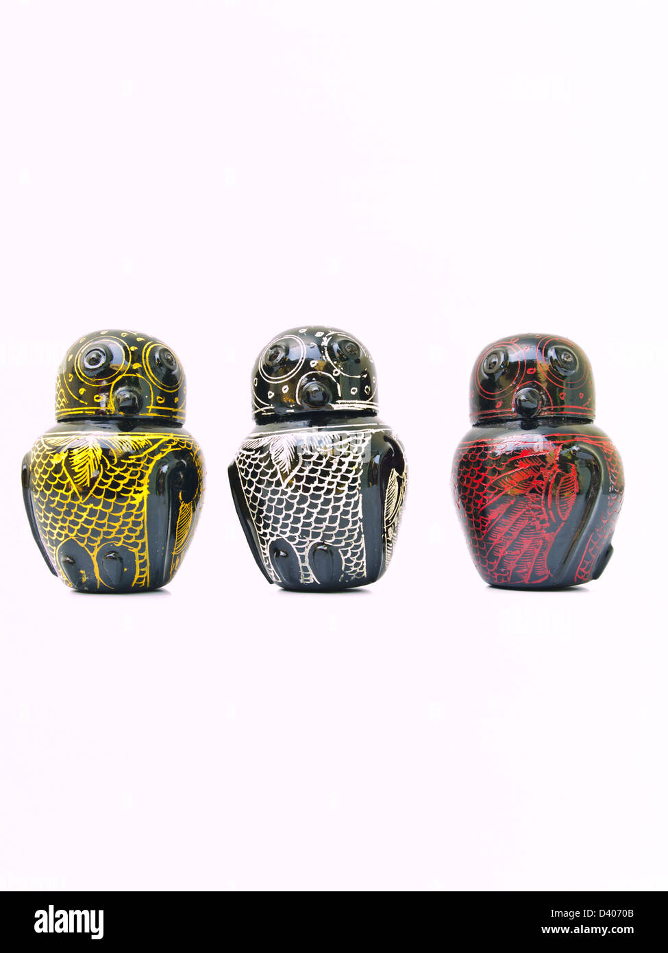Colorful traditional handicraft lacquer-wear owls from Bagan, Burma ...