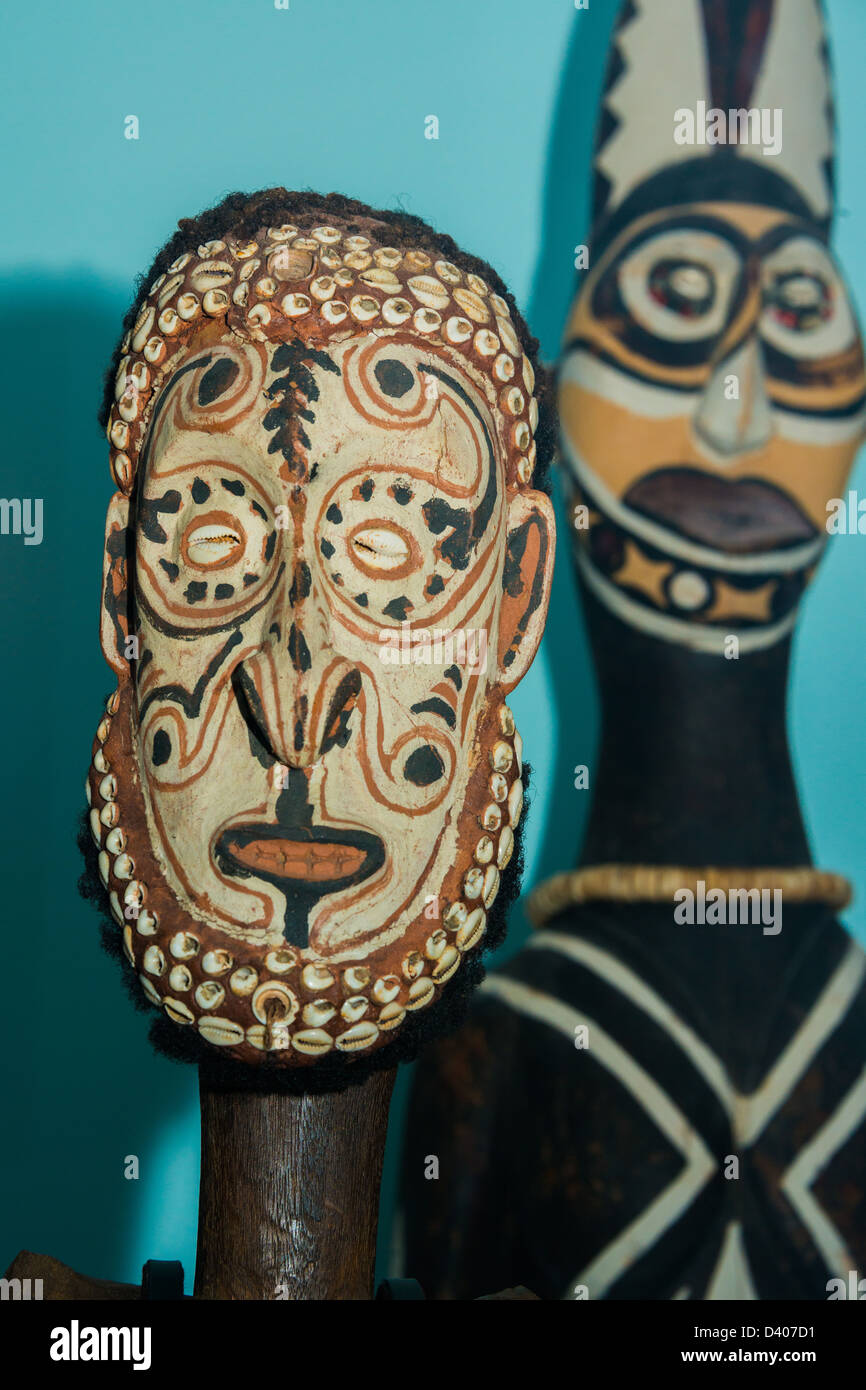 This is an image of native Polynesian face face masks on display at the ...