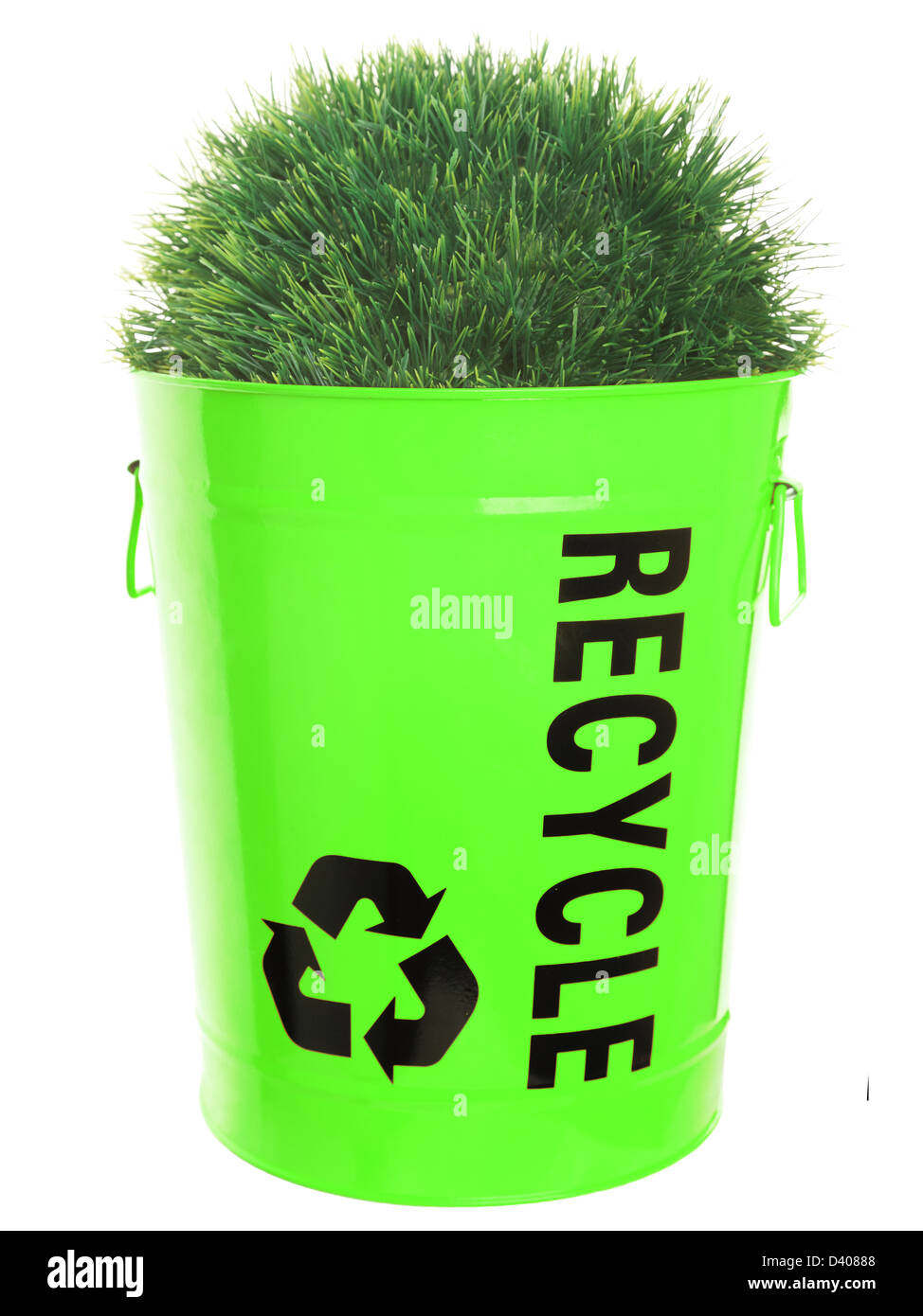 Green recycle bin with grass isolated on white background Stock Photo ...