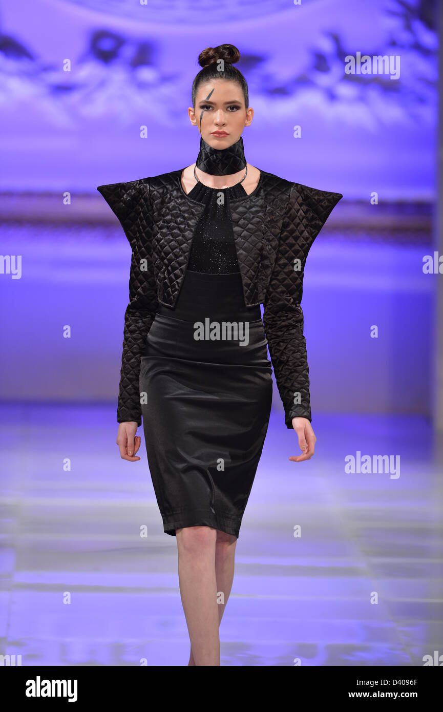 NEW YORK - FEBRUARY 15: A Model walks on the Tyrell Mason fashion ...