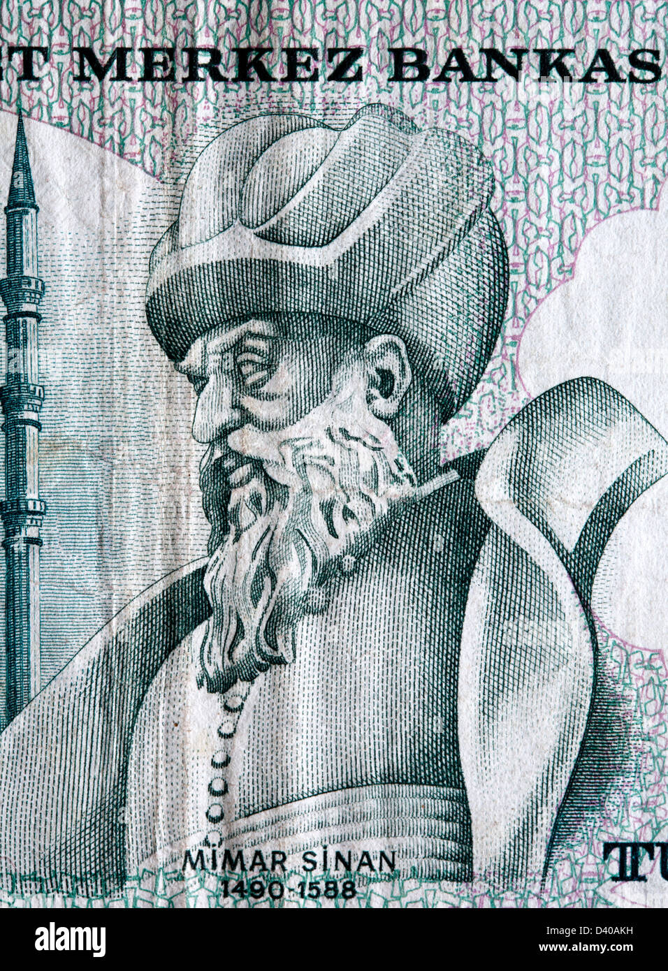 Portrait of architect Mimar Sinan from 10000 Lira banknote, Turkey ...