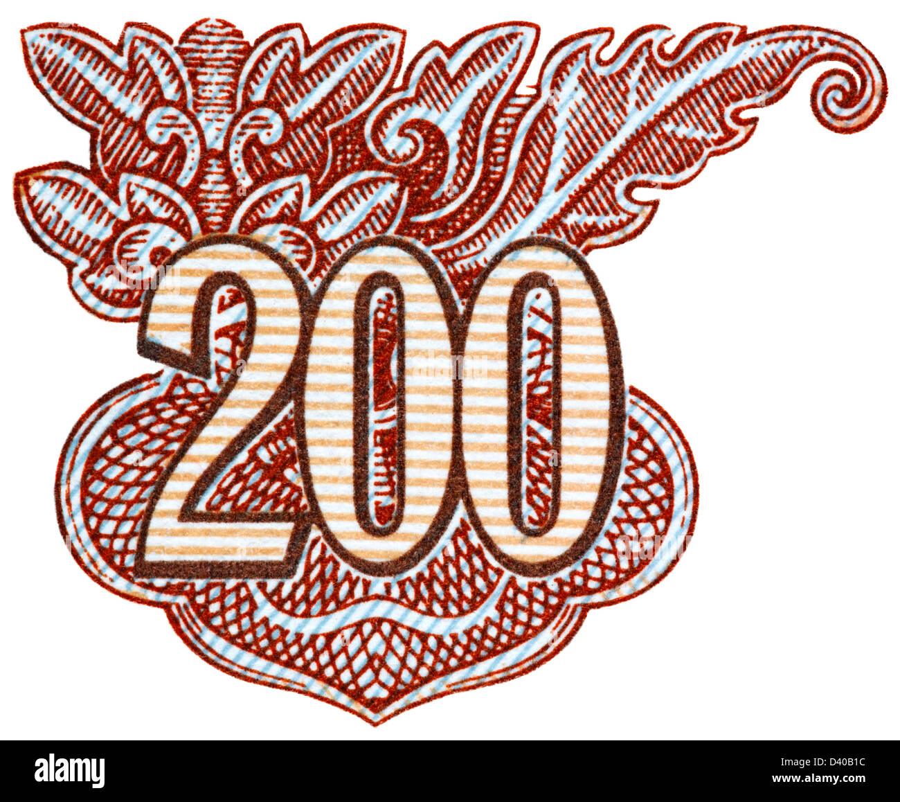 Number 200 from 200 Dong banknote, Vietnam, 1987, on white background ...