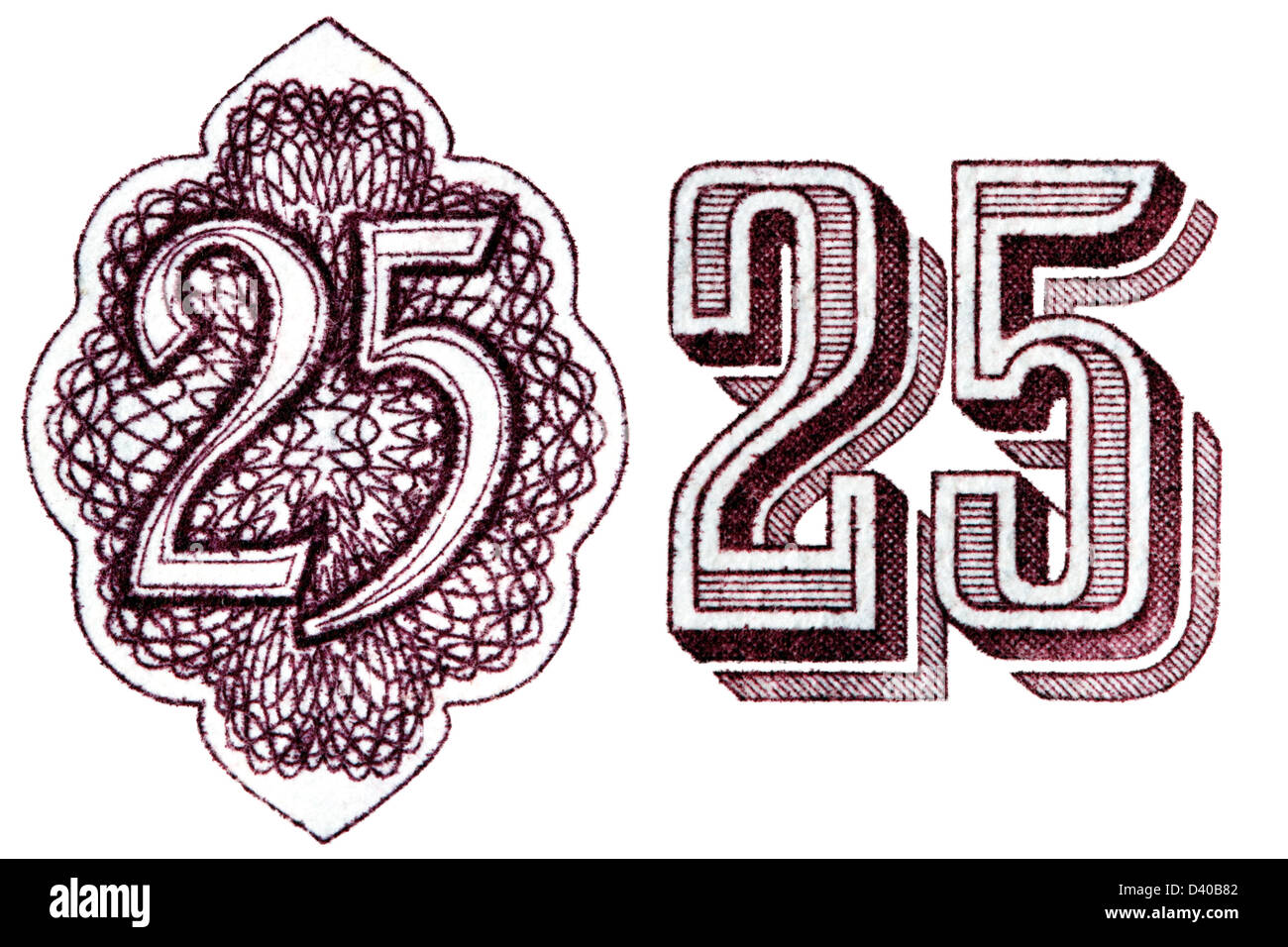 Number 25 from 25 Rubles banknote, on white background, Russia, 1961 ...